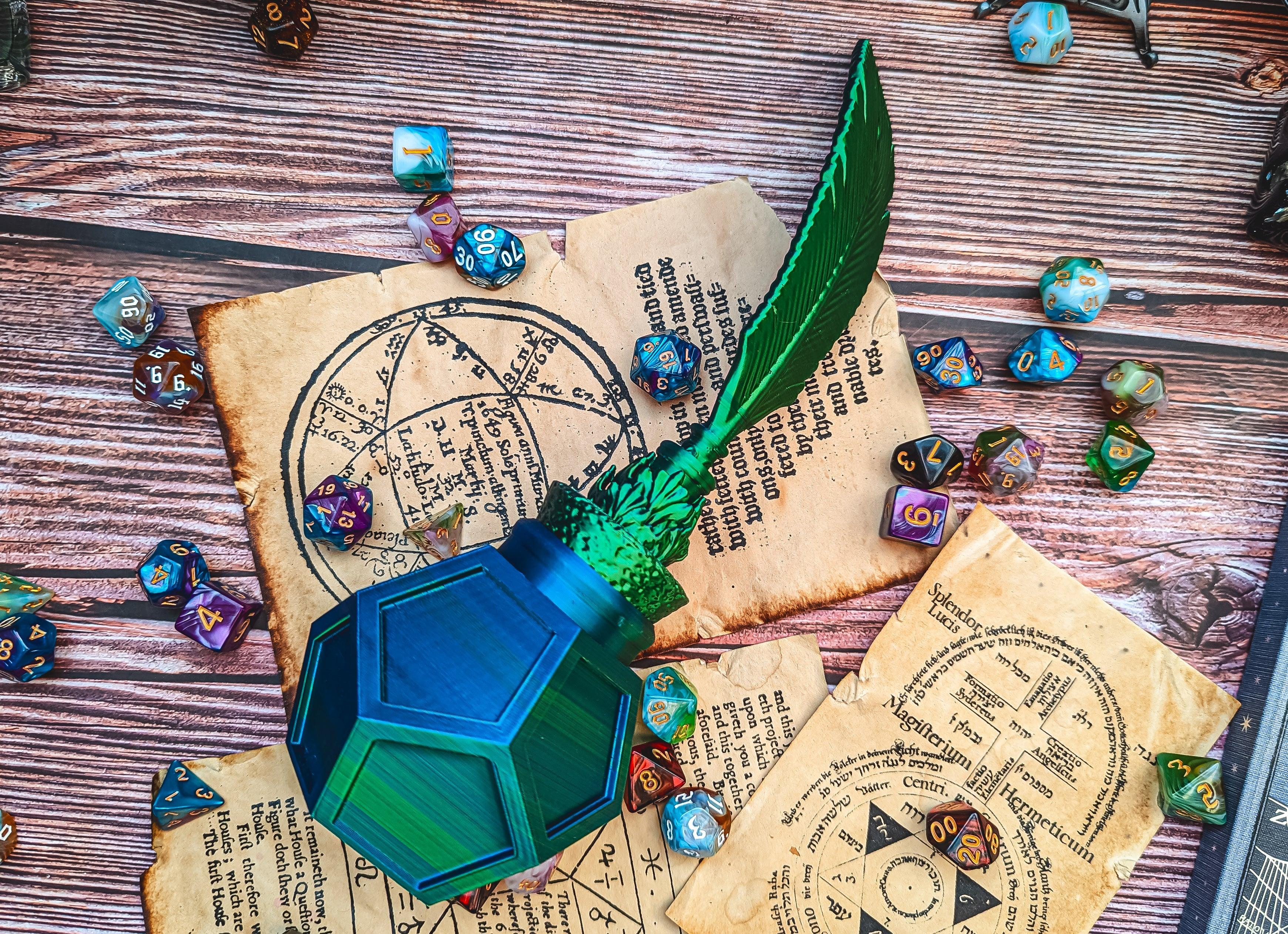 Quill and Ink Dice holder – The Flaming Feather & Flaming Filament