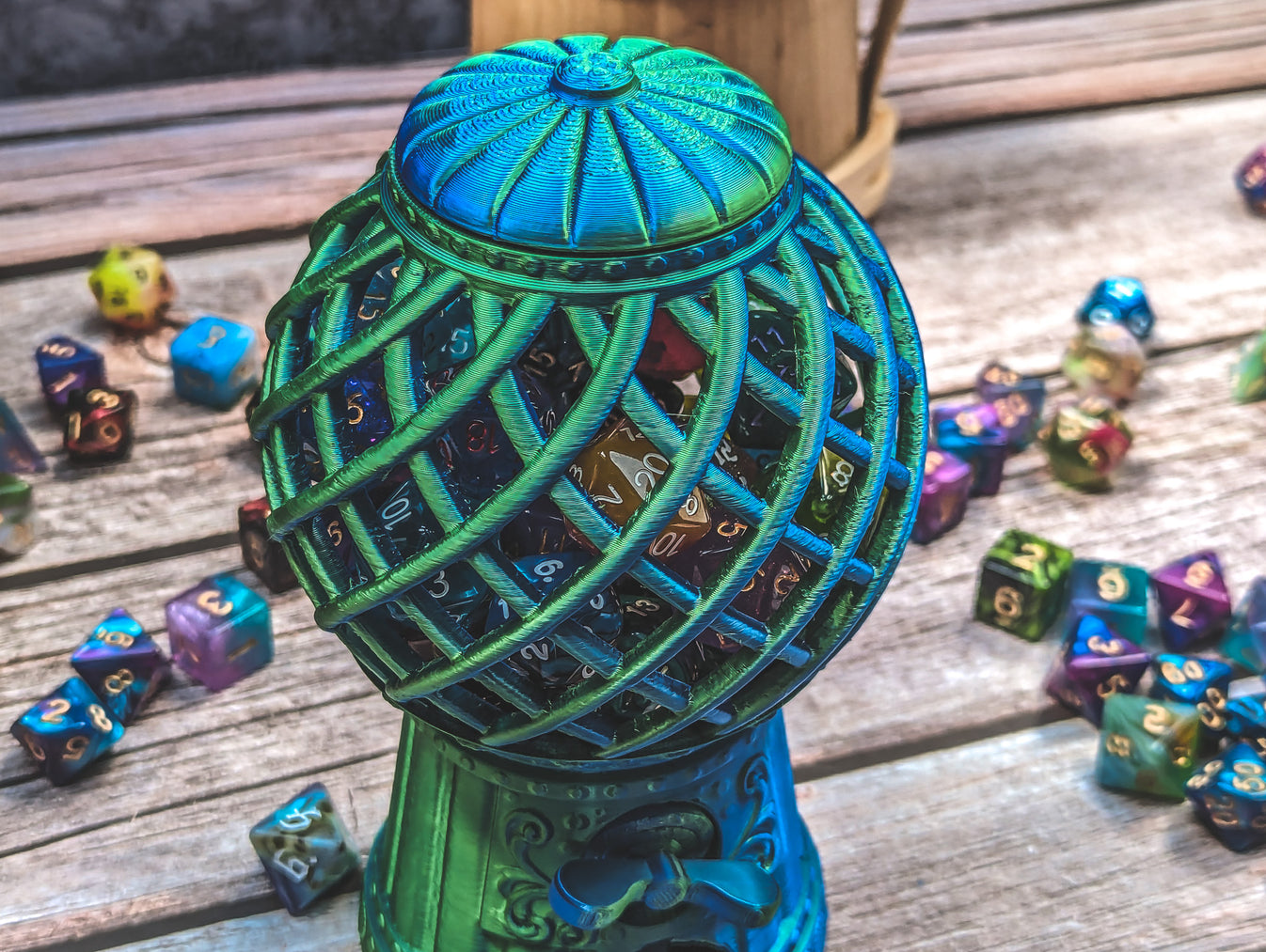 D20 Gumball machine dice tower – The Flaming Feather & Flaming Filament